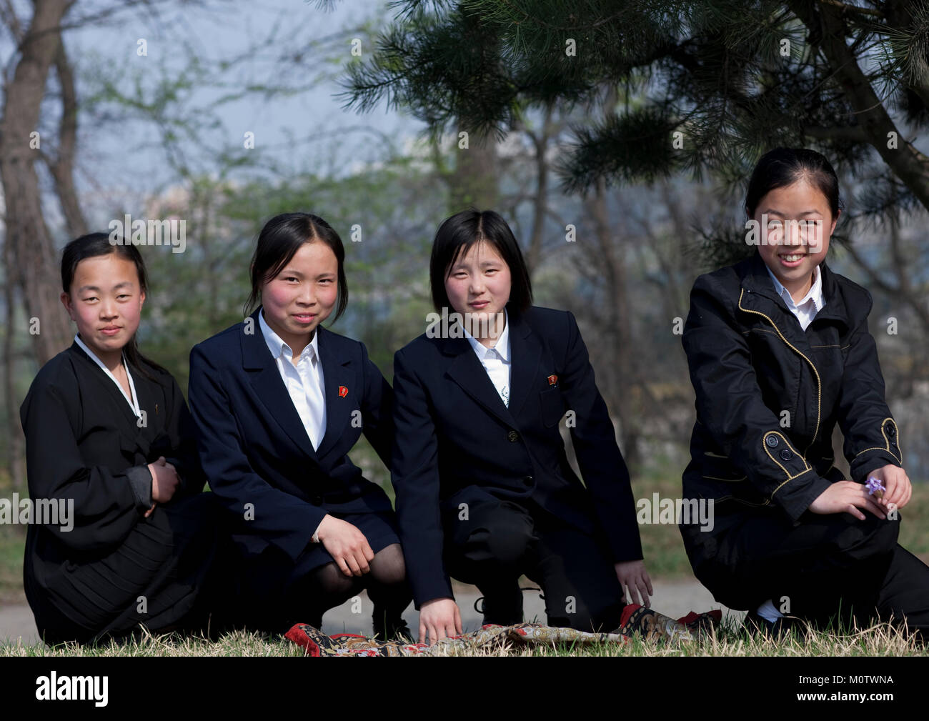 North Korean students girls in a park, Pyongan Province, Pyongyang ...