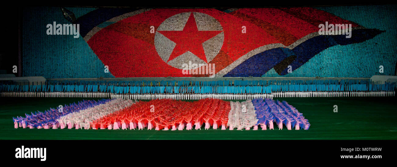 North Korean flag made by human pixels holding up colored boards during ...