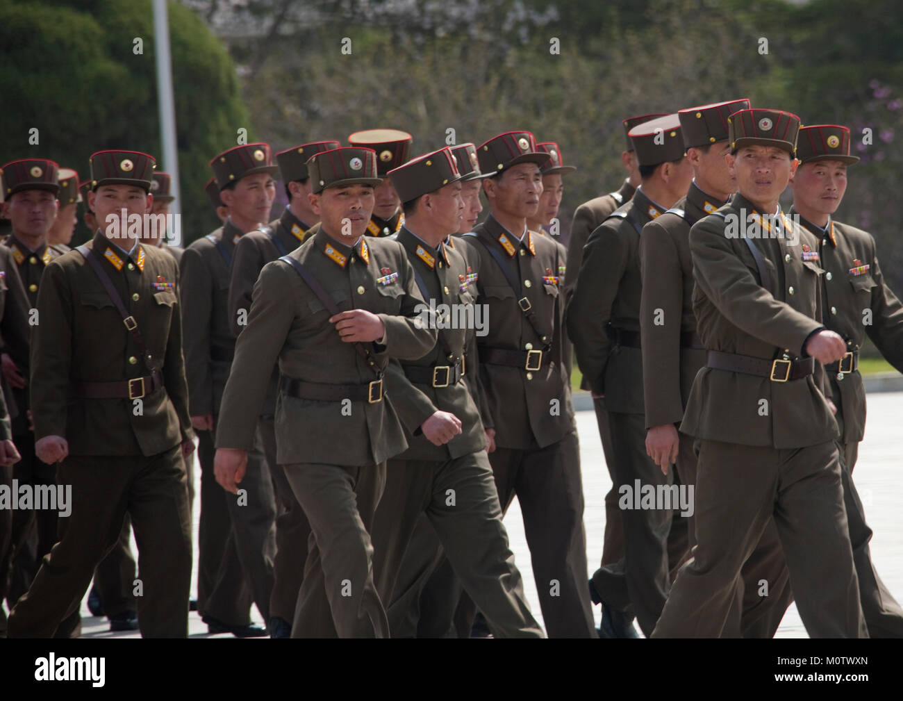 North Korean soldiers walking in the street, Pyongan Province ...