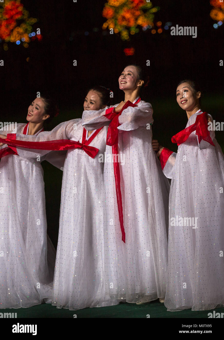North Korean women dancing in choson-ot during the Arirang mass games ...