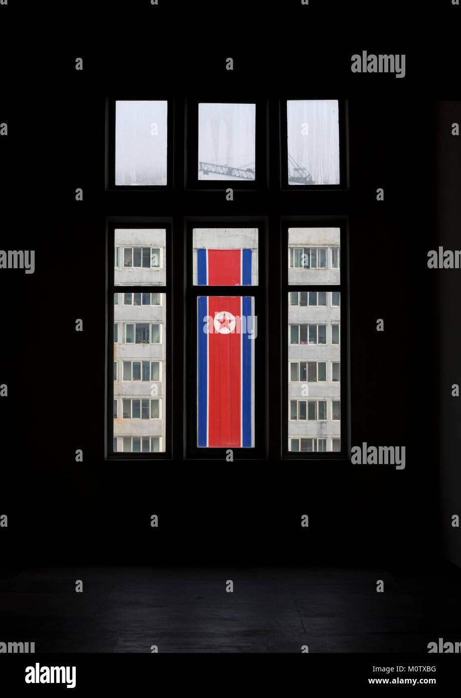 National flag seen thru the window of building, Pyongan Province ...