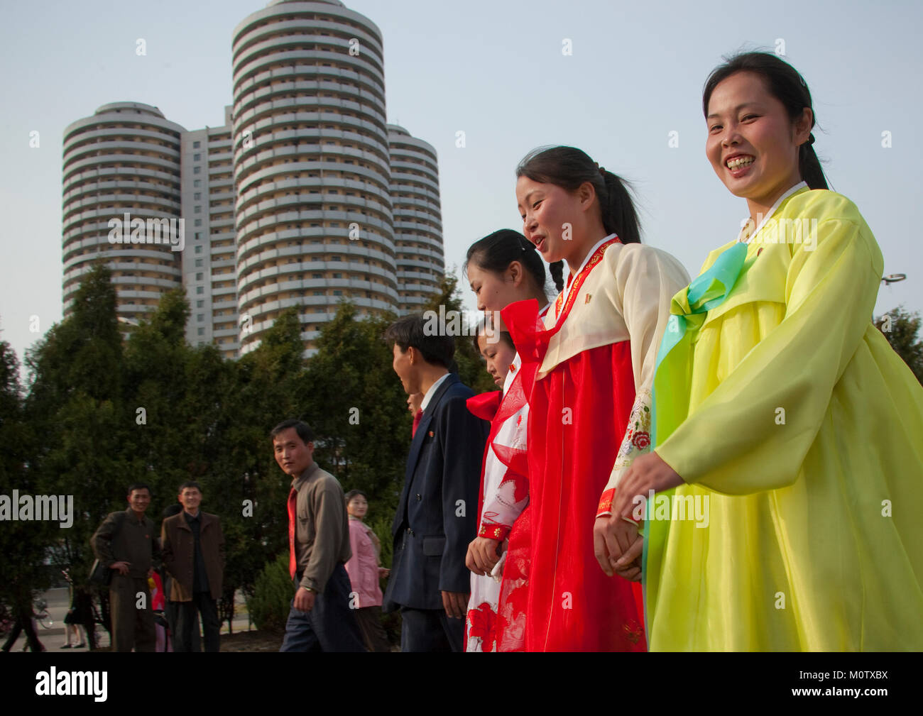 North Korean young adults during a mass dance performance in front of ...