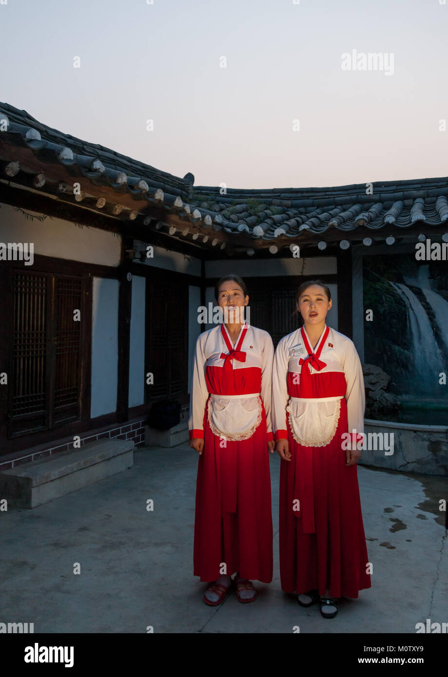 North Korean waitresses in choson-ot in a restaurant, North Hwanghae ...