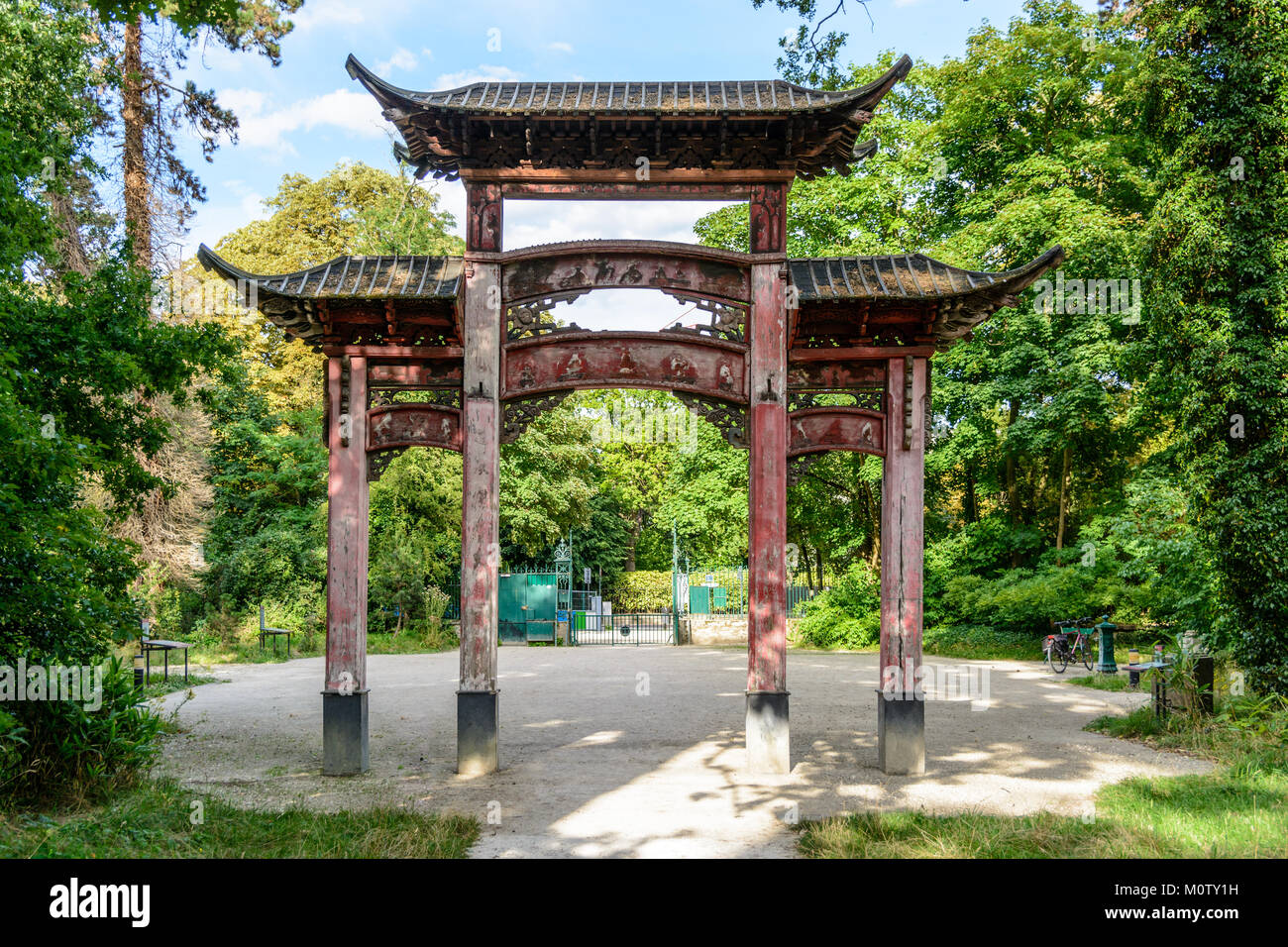Rear view of the old wooden chinese gateway standing at the main ...