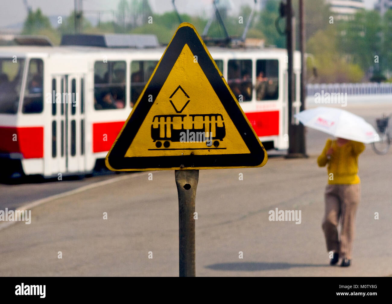 Tramway road sign, Pyongan Province, Pyongyang, North Korea Stock Photo ...