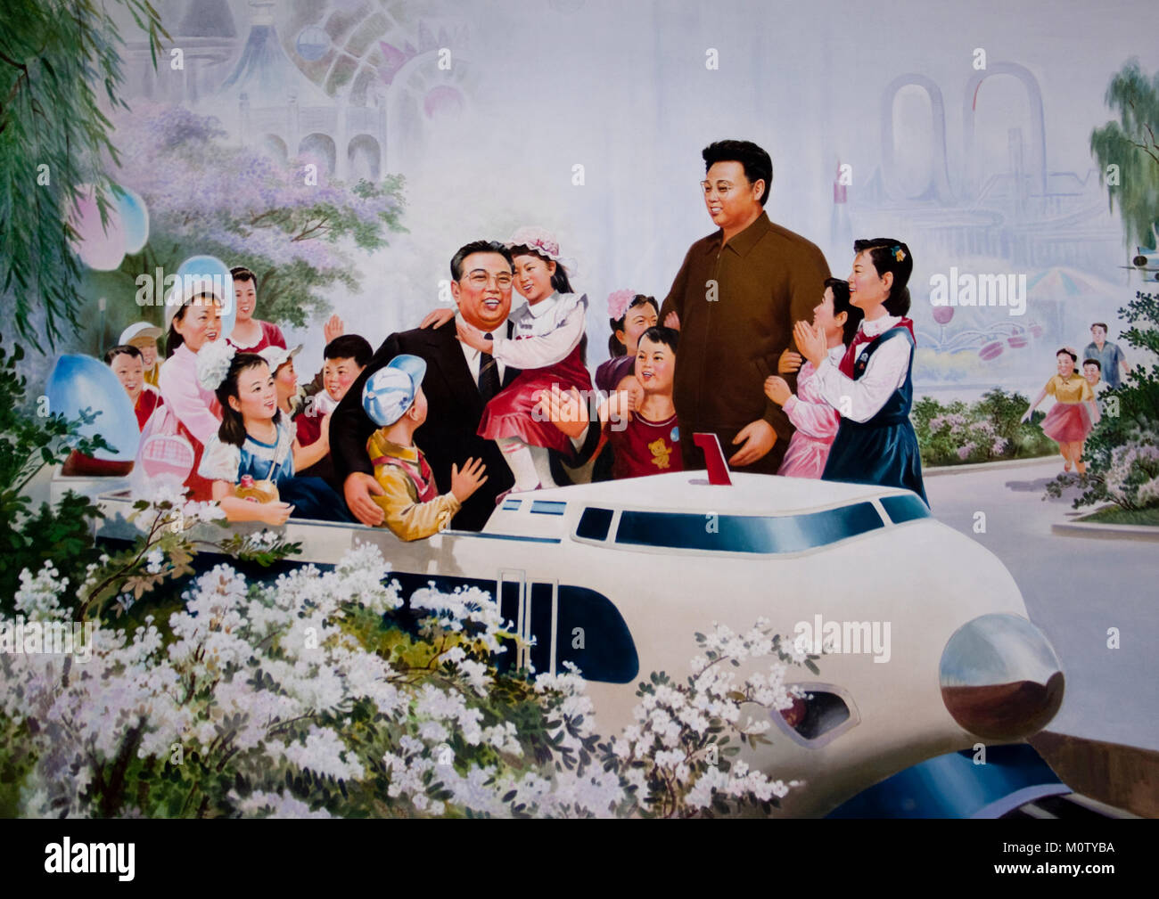Propaganda poster of Kim il Sung and Kim Jong il with children, Pyongan ...