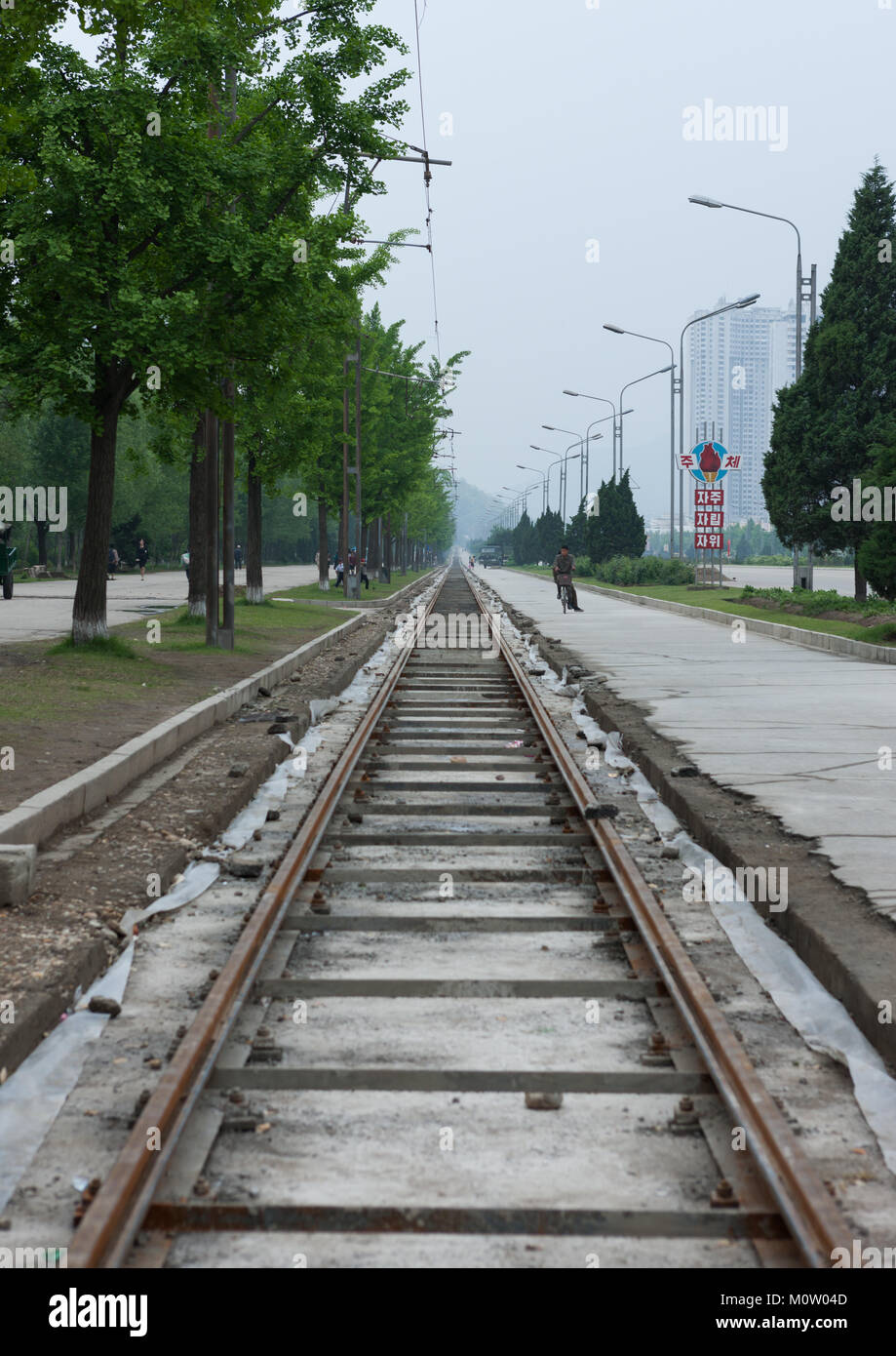 Empty tramway track in the city, Pyongan Province, Pyongyang, North ...