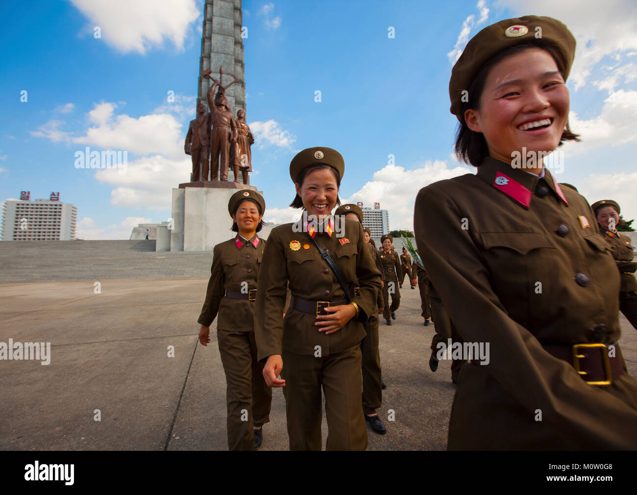 Smiling North Korean female soldiers in Juche tower, Pyongan Province ...