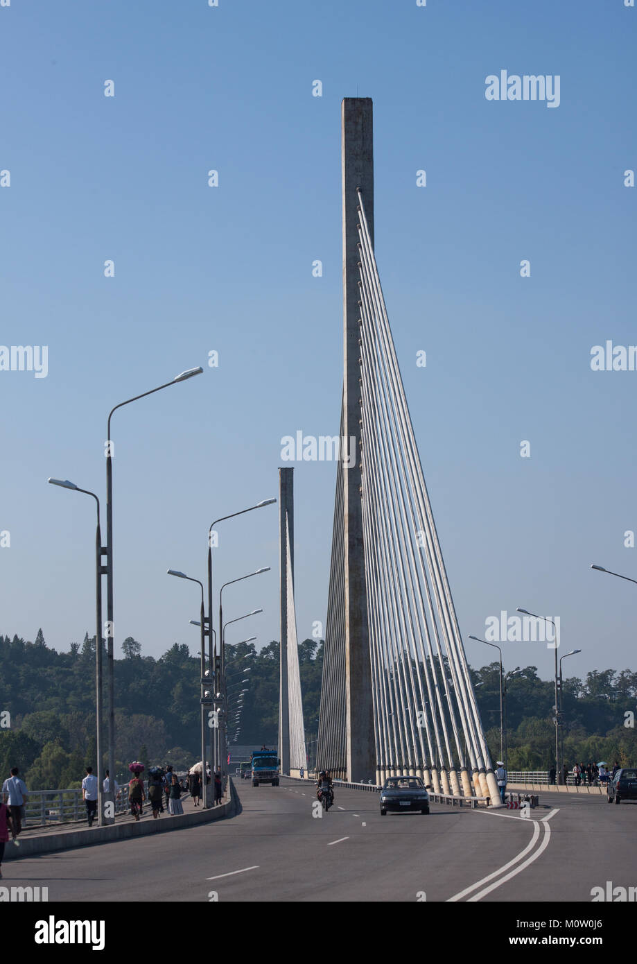 North Korean cars crossing a suspension bridge, Pyongan Province ...