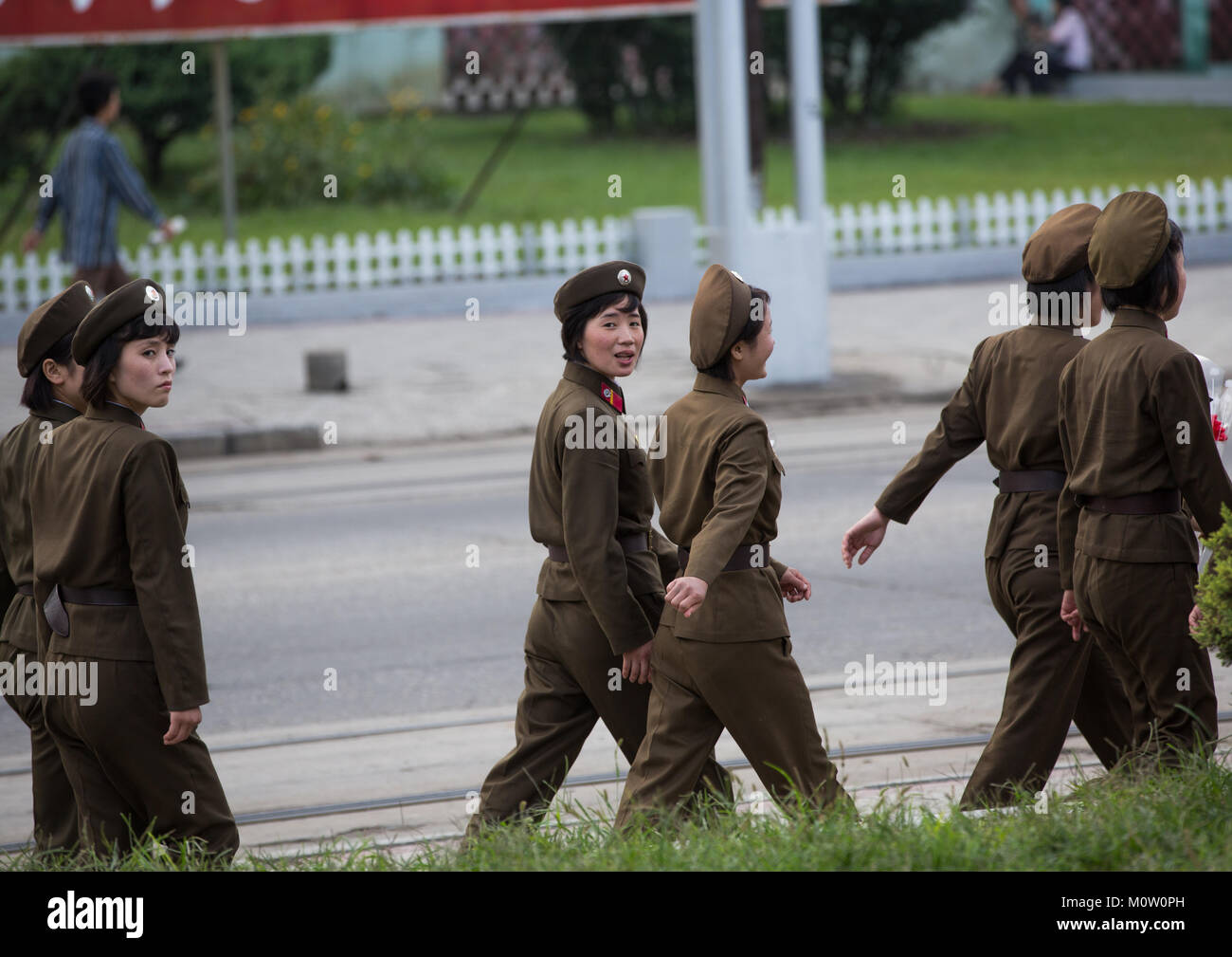 North Korean women soldiers walking in the street, Pyongan Province ...
