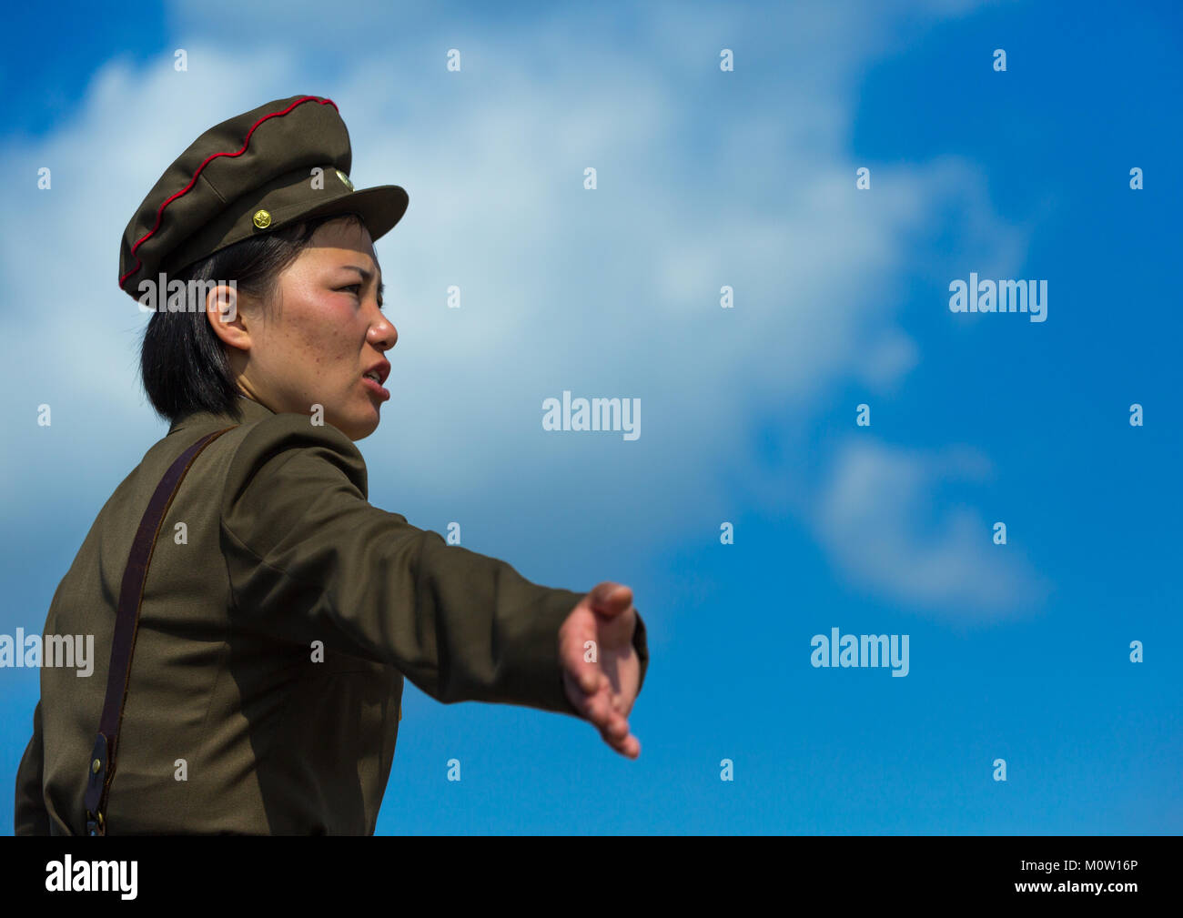 North Korean female soldier giving instructions, Pyongan Province ...
