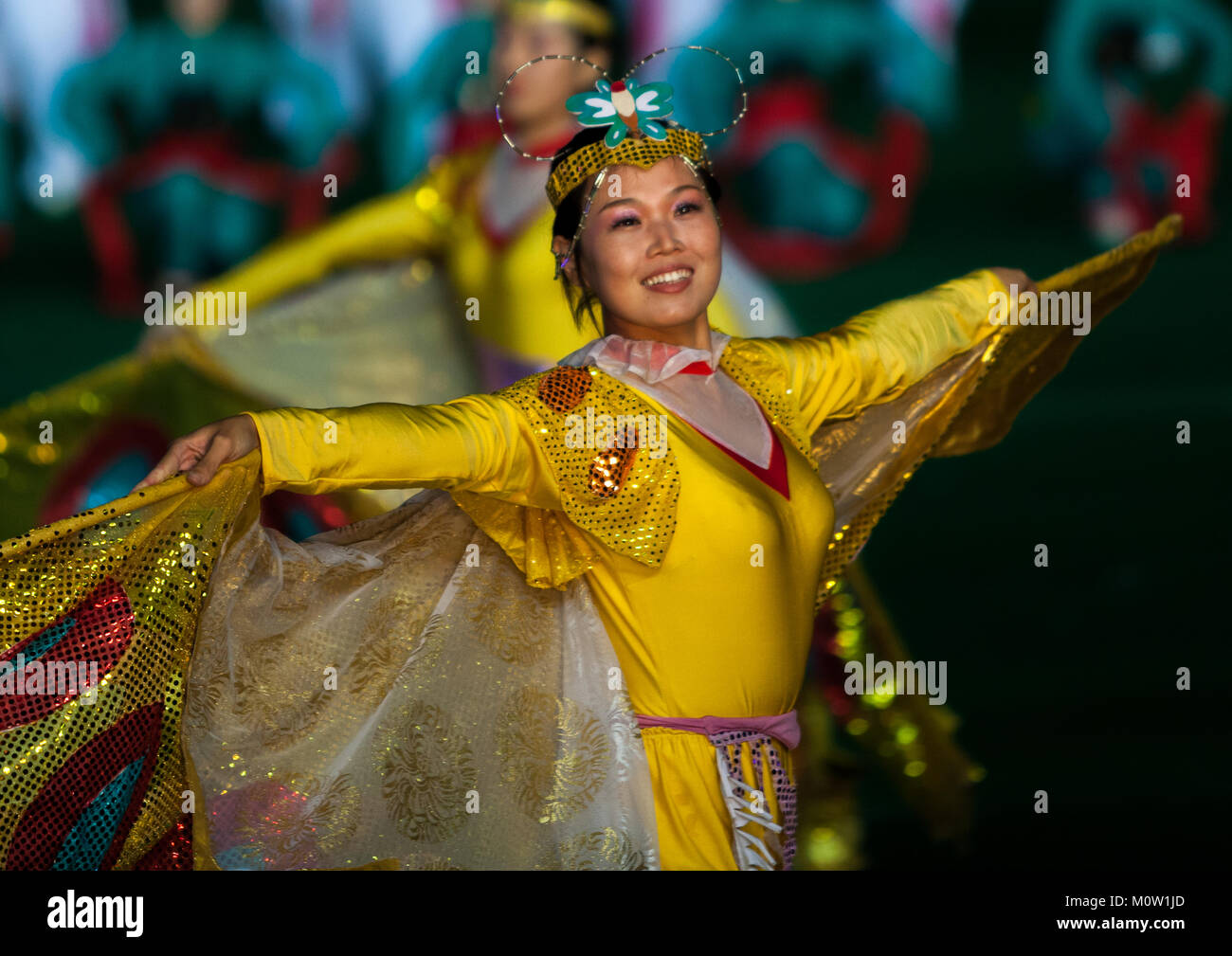 North Korean dancer with butterfly wings during Arirang mass games in ...