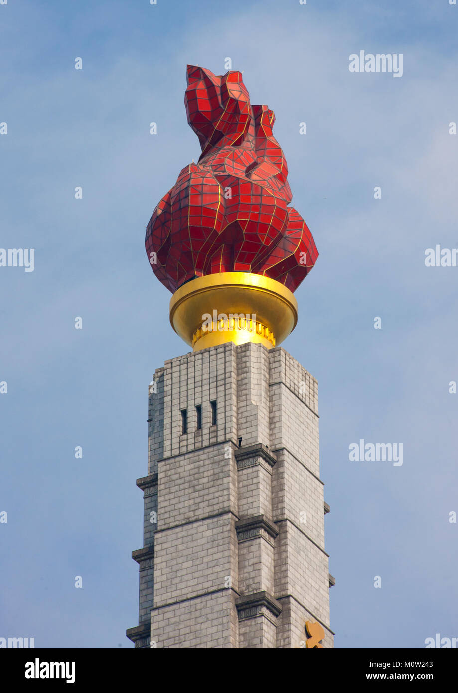 Red flame of the the Juche tower built to commemorate Kim il-sung's ...