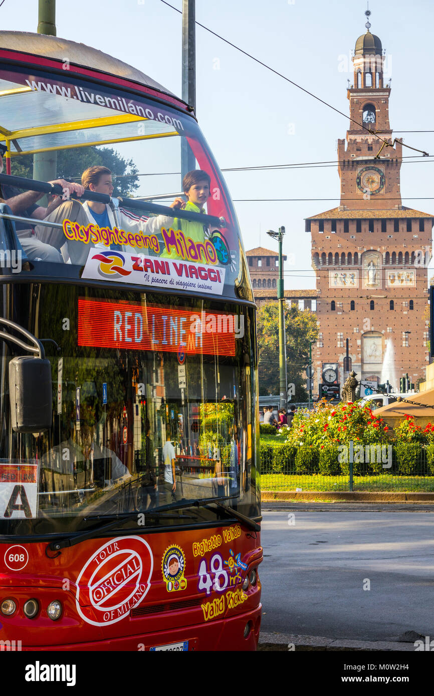 Italy,Lombardy,Milan,Sforzesco Castle and red bus Stock Photo - Alamy