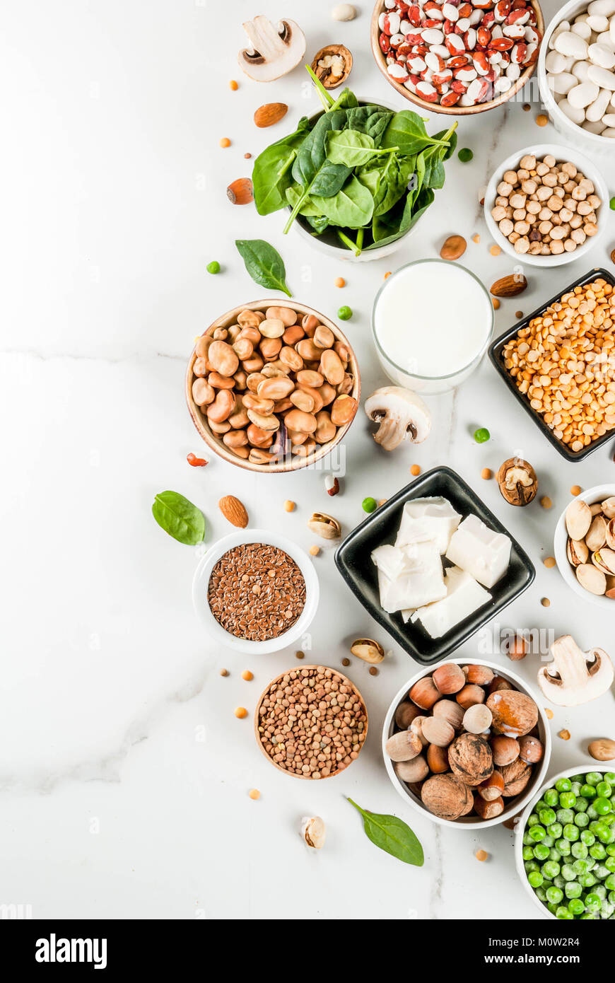 Healthy diet vegan food, veggie protein sources: Tofu, vegan milk ...