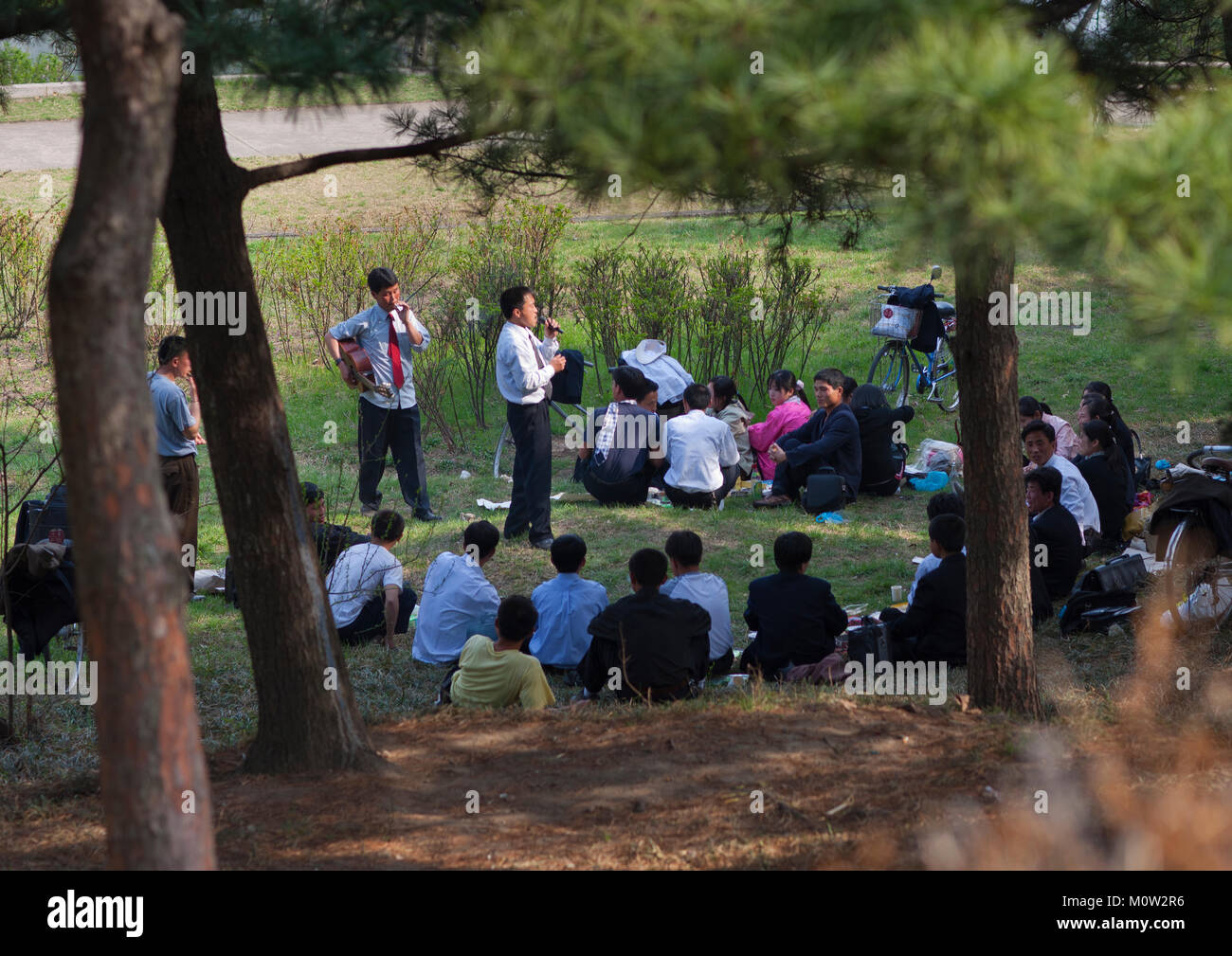 North Korean people having picnic and singing in a park, Pyongan ...