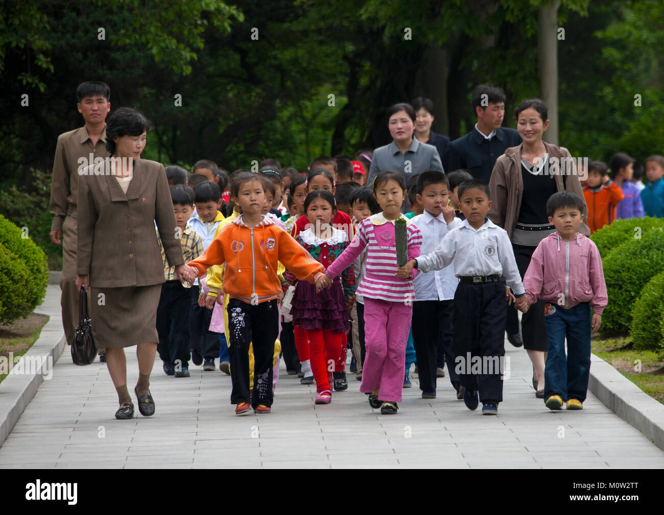North Korean children visiting Mangyongdae which was the birthplace of ...