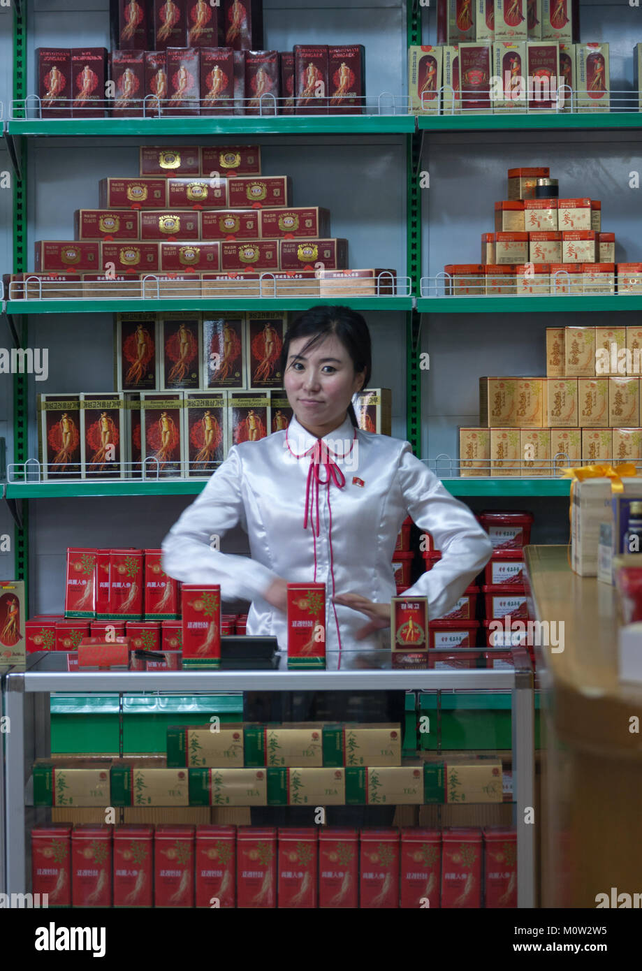 North Korean woman saleswoman in a ginseng shop, North Hwanghae ...