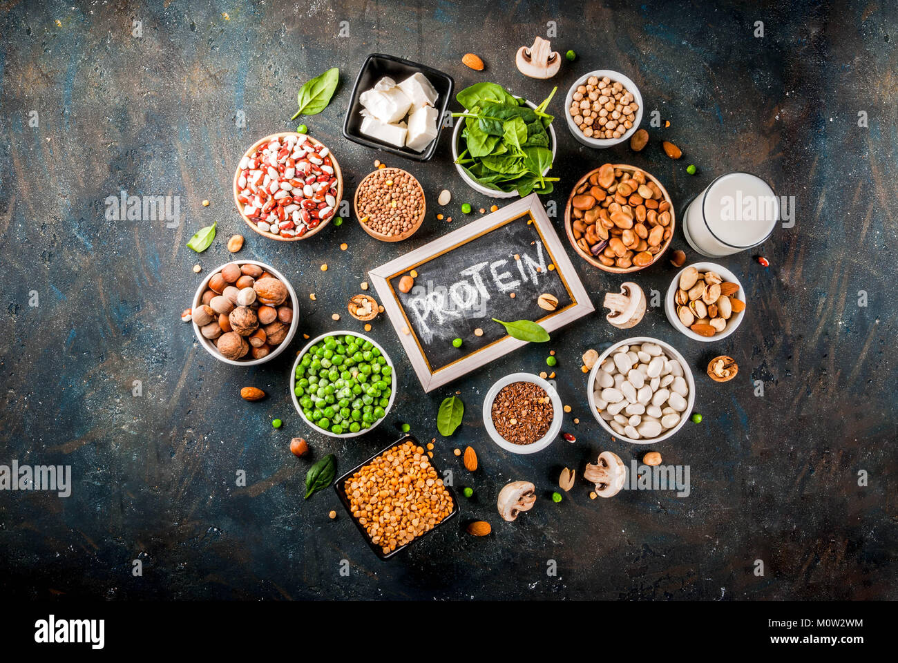 Healthy diet vegan food, veggie protein sources: Tofu, vegan milk ...