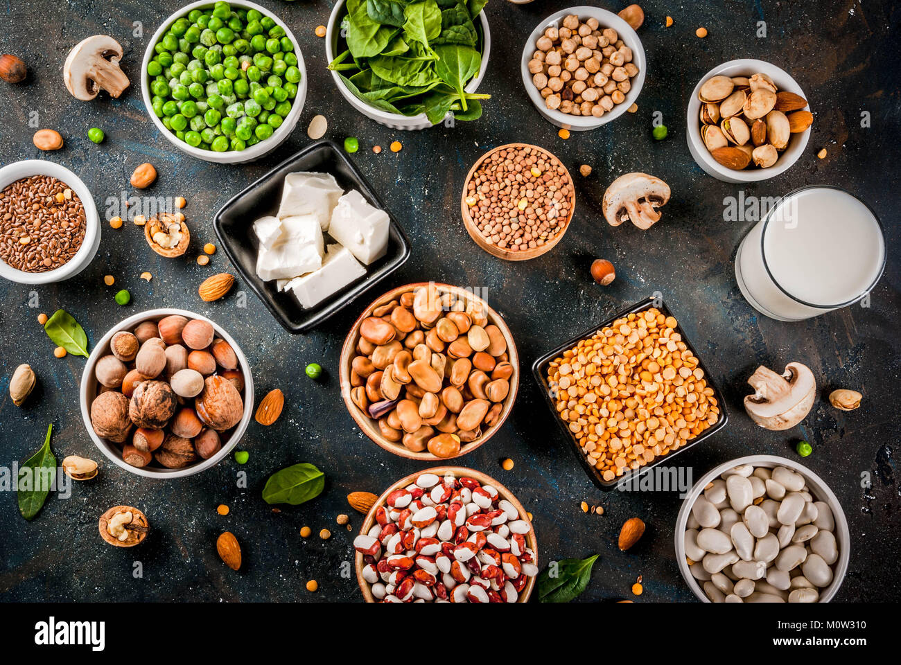 Healthy diet vegan food, veggie protein sources: Tofu, vegan milk ...