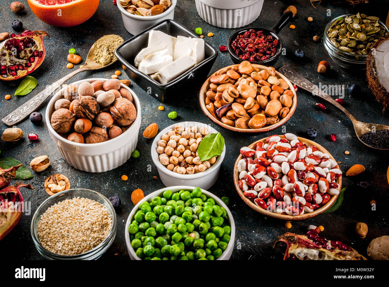 Set of organic healthy diet food, superfoods - beans, legumes, nuts ...