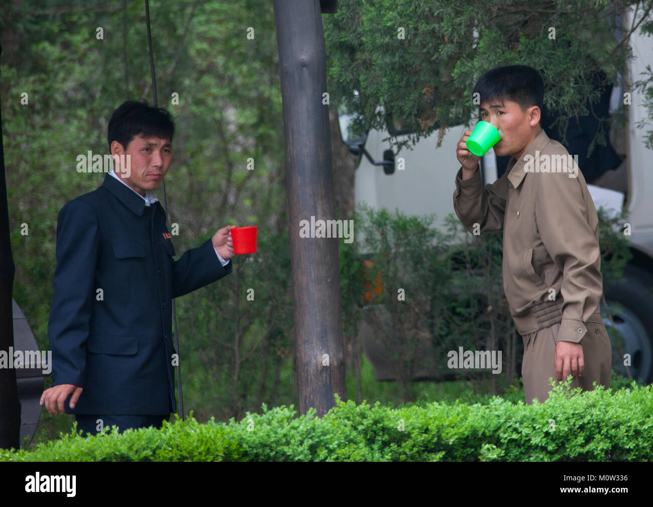 Two North Korean men drinking water in Mangyongdae which was the ...