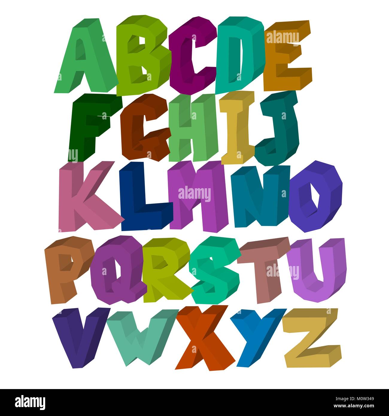 multi-colored square three-dimensional alphabet on white isolated ...