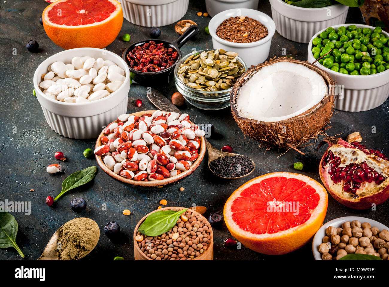 Set of organic healthy diet food, superfoods - beans, legumes, nuts ...