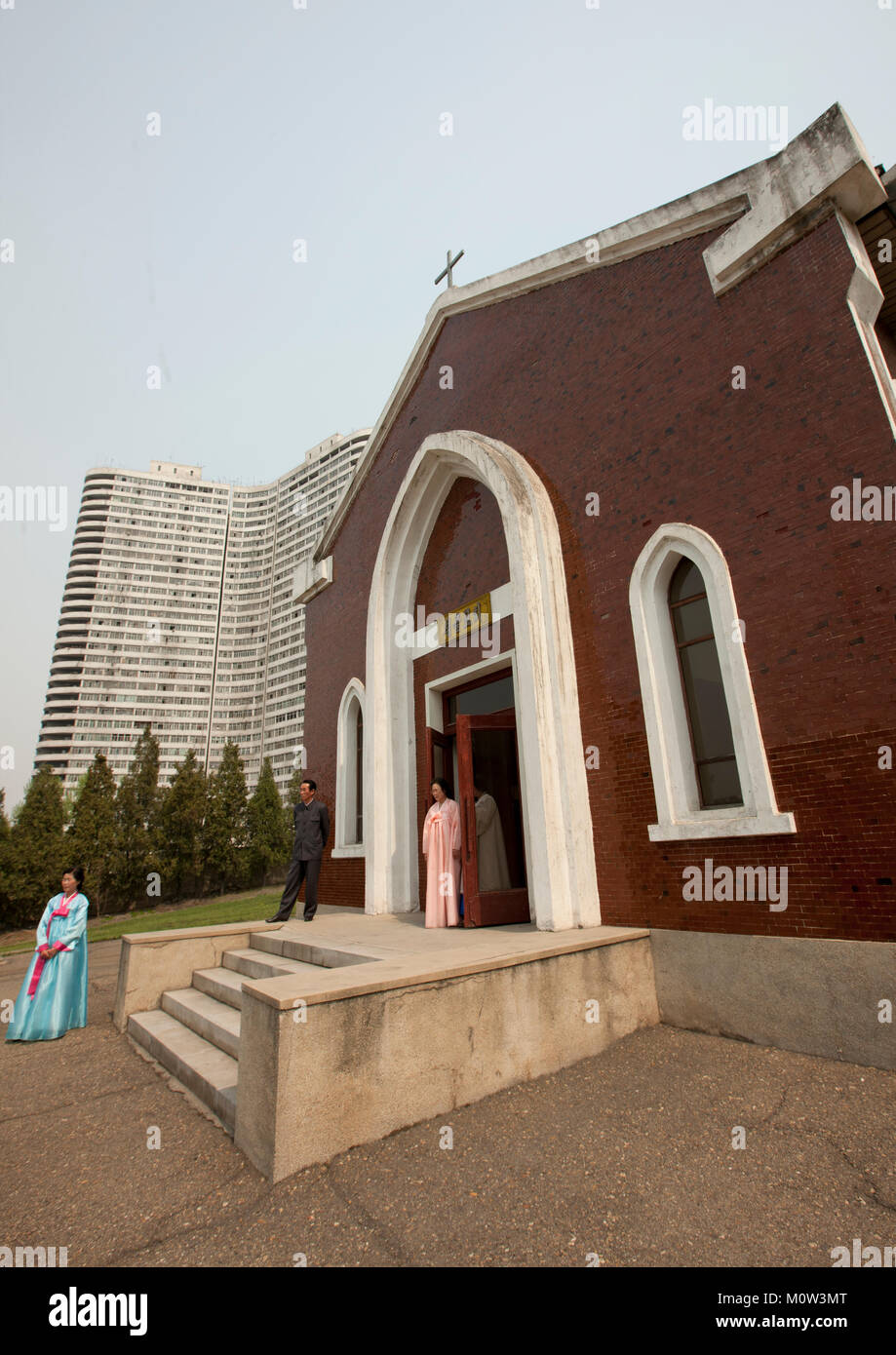 North Korean people in front of Chilgol protestant church, Pyongan ...