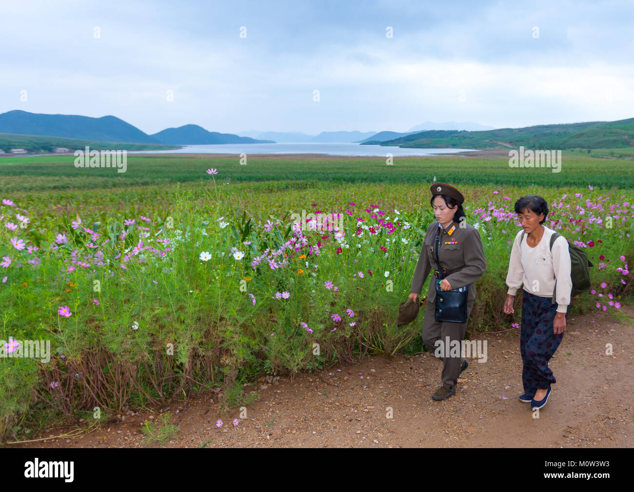 North Korean women walking in the countryside, North Hwanghae Province ...