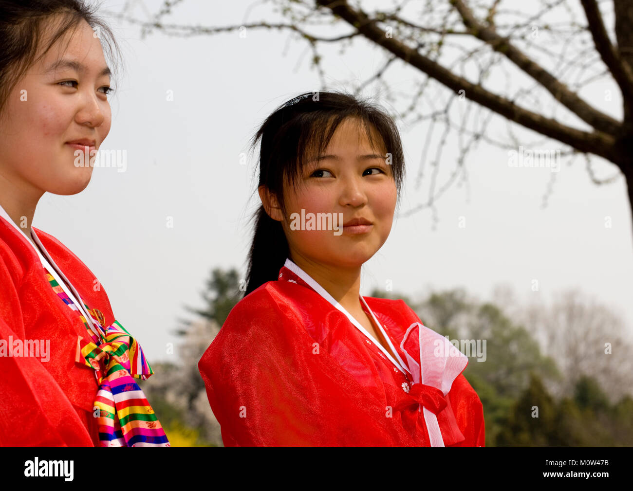 Two North Korean young women in choson-ot in a park, Pyongan Province ...