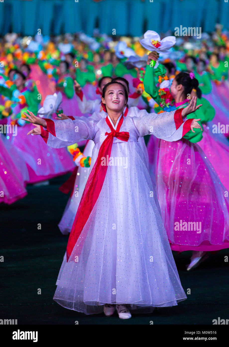 North Korean women dancing in choson-ot during the Arirang mass games ...