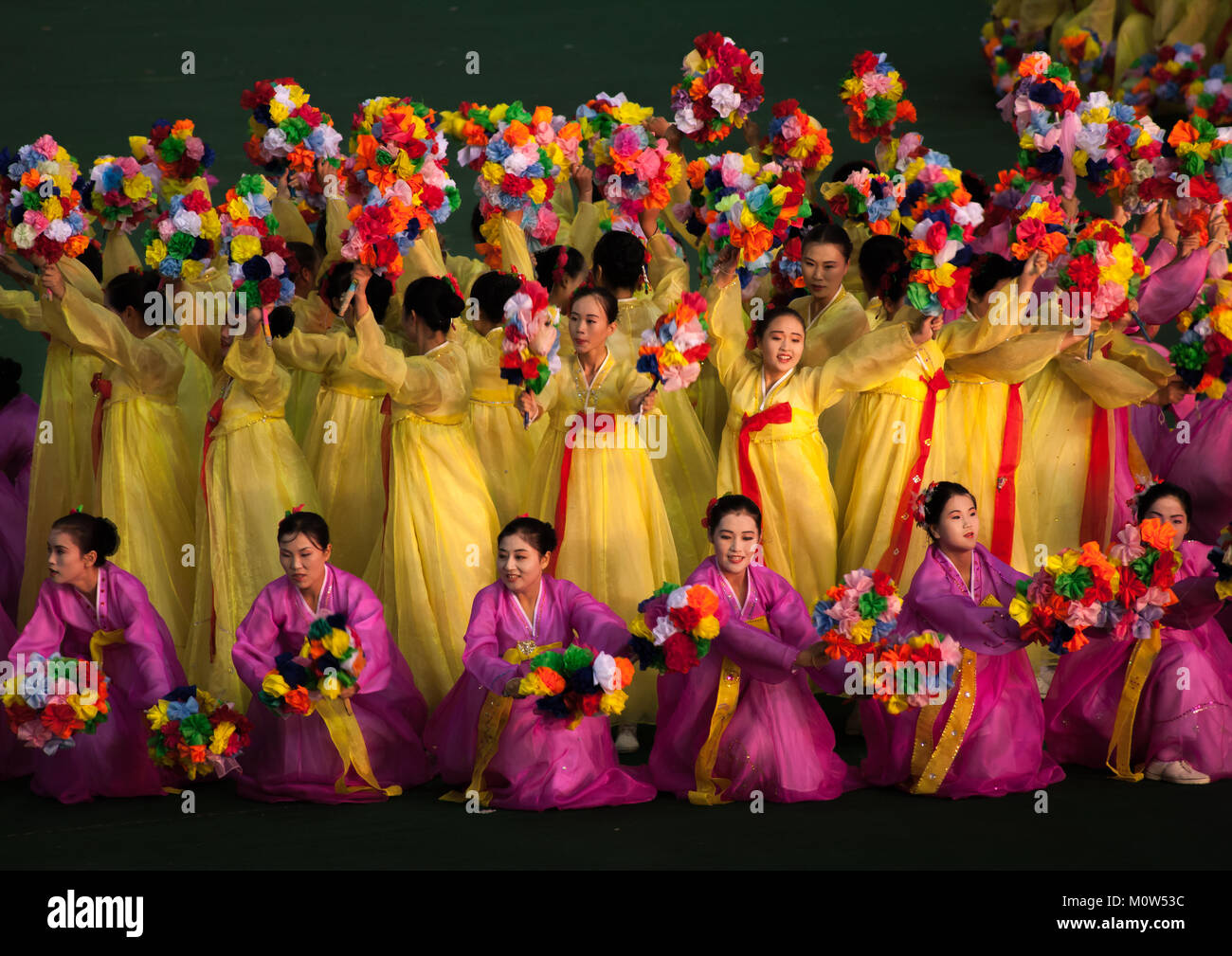 North Korean women dancing in choson-ot during the Arirang mass games ...