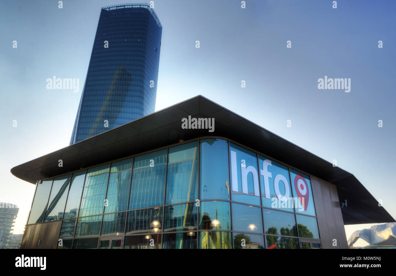 Italy,Lombardy,Milan,Piazza Tre Torri,Info Point and Hadid Tower Stock ...