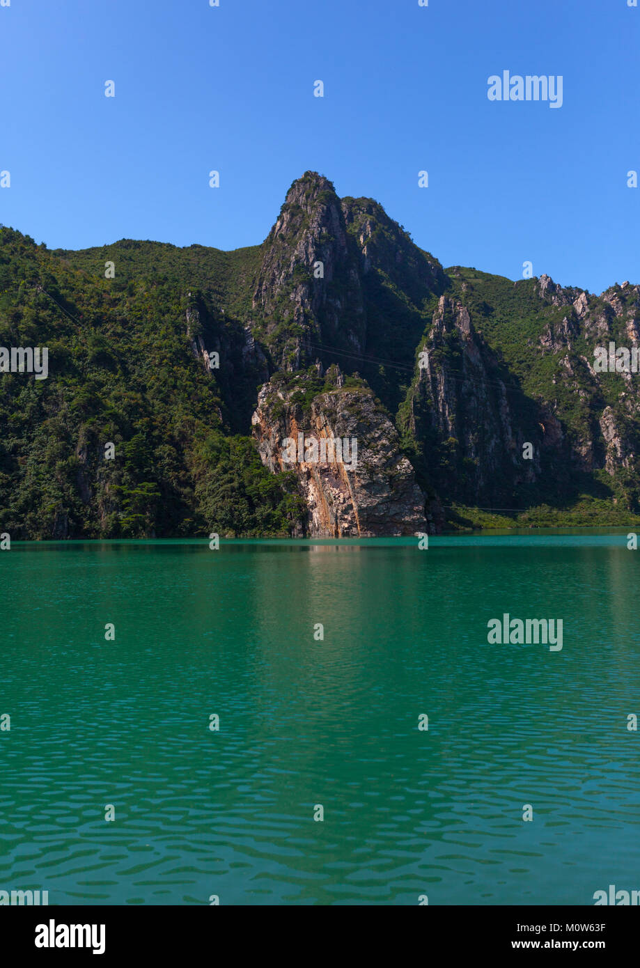 Green water of Sinpyong lake, Pyongan Province, Sinpyong, North Korea ...