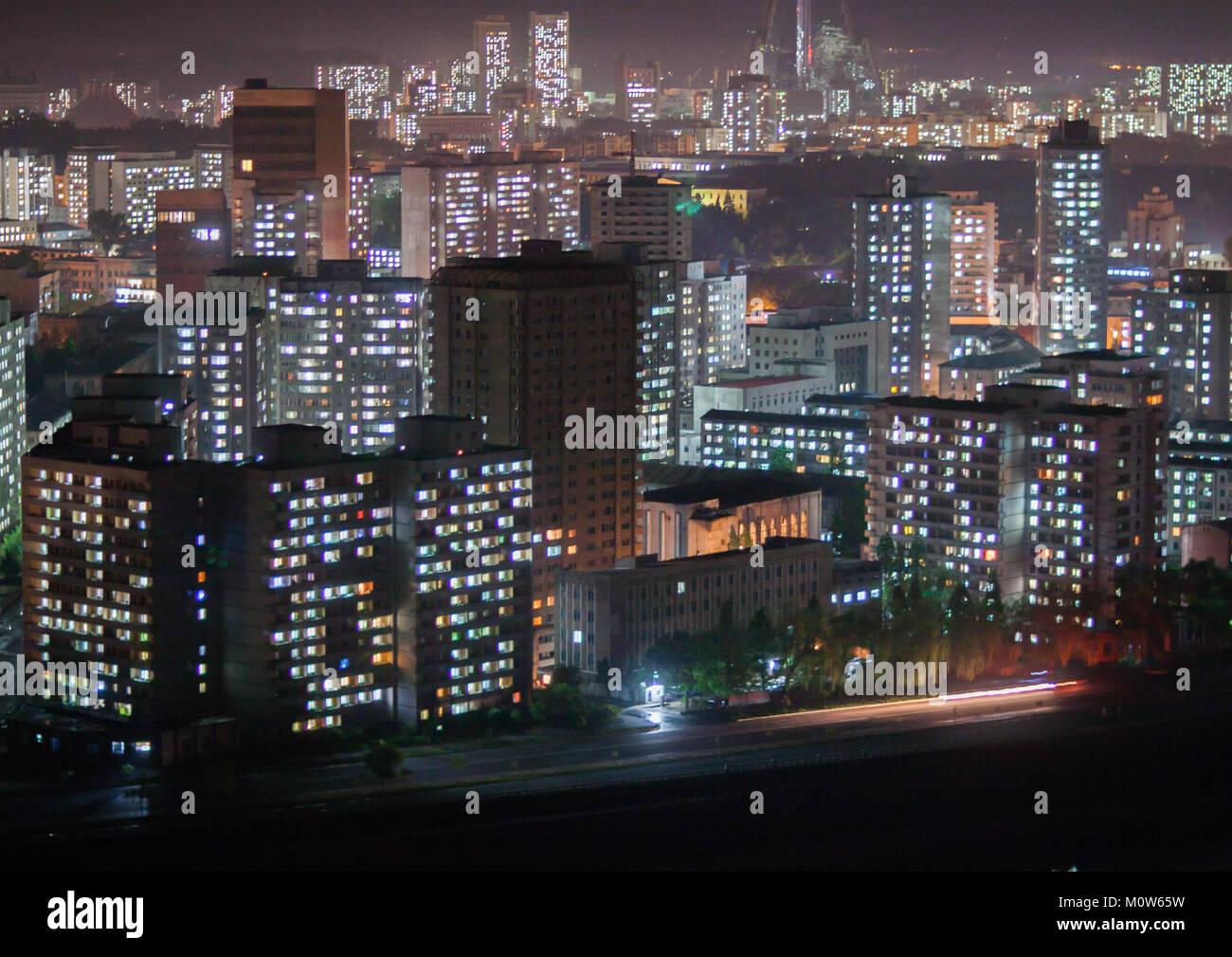 Cityscape by night, Pyongan Province, Pyongyang, North Korea Stock ...
