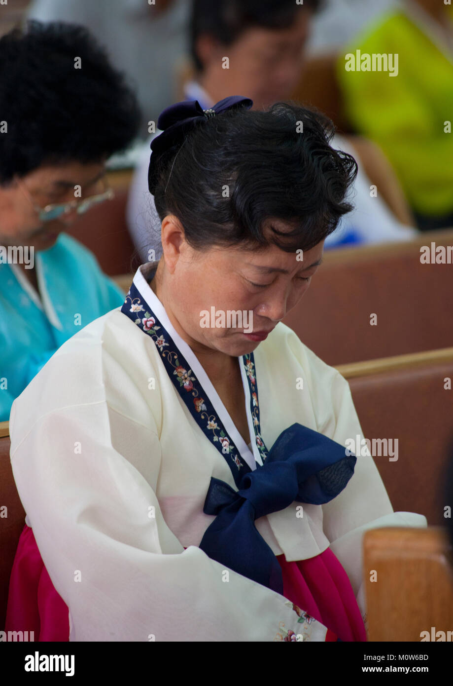 North Korean woman during a mass in protestant Bongsu church, Pyongan ...