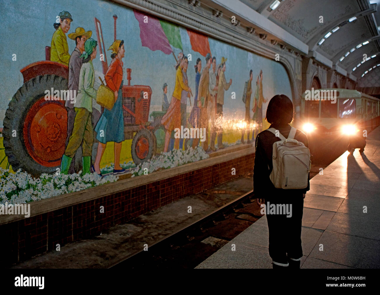 North Korean woman waiting in puhung subway station, Pyongan Province ...