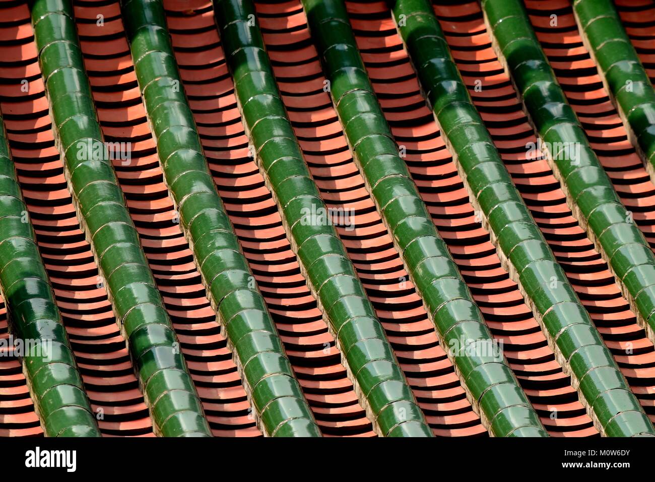 Close up of an old Chinese temple roof with rich texture and geometry ...