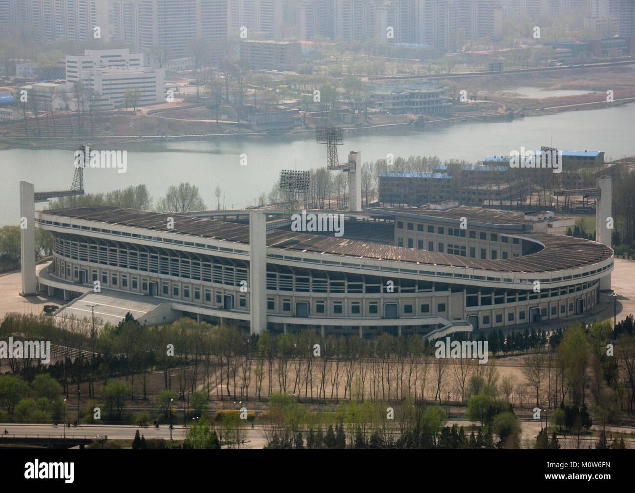 Aerial view of Yanggakdo stadium on yanggak island, Pyongan Province ...