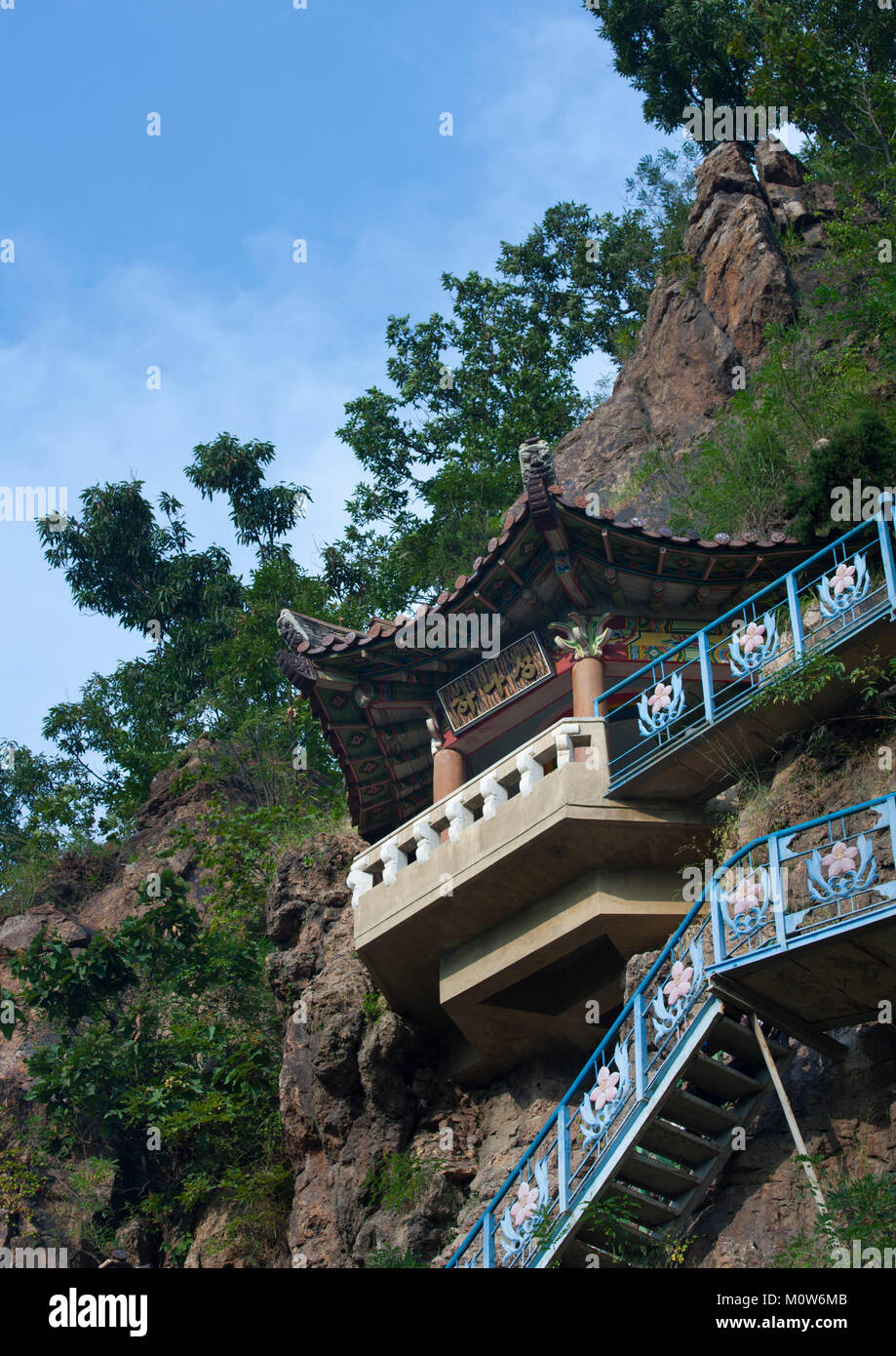 Exterior of Korean pavillon perched on cliff, North Hwanghae Province ...