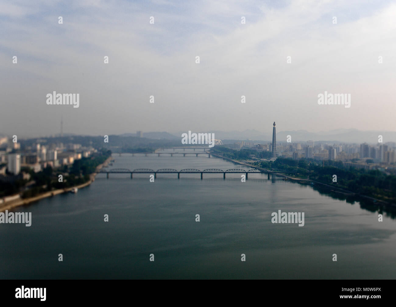 Bridges on Taedong river seen from Yanggakdo hotel, Pyongan Province ...