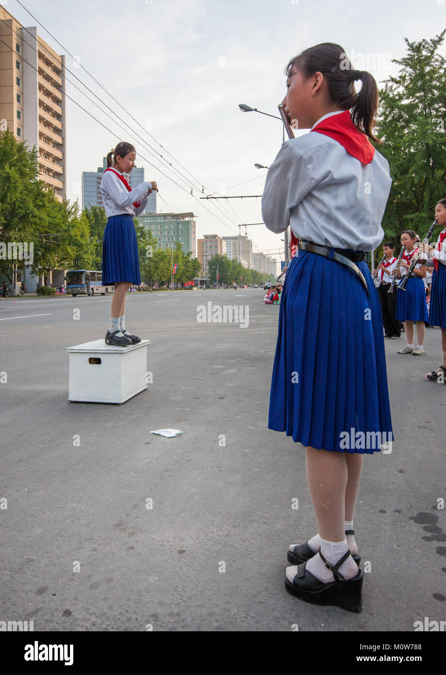 North Korean pioneers playing music during the celebration of the 60th ...