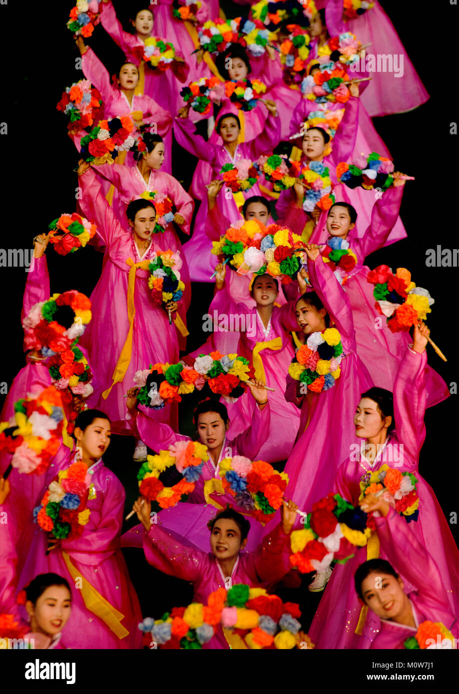 North Korean women dancing in choson-ot during the Arirang mass games ...