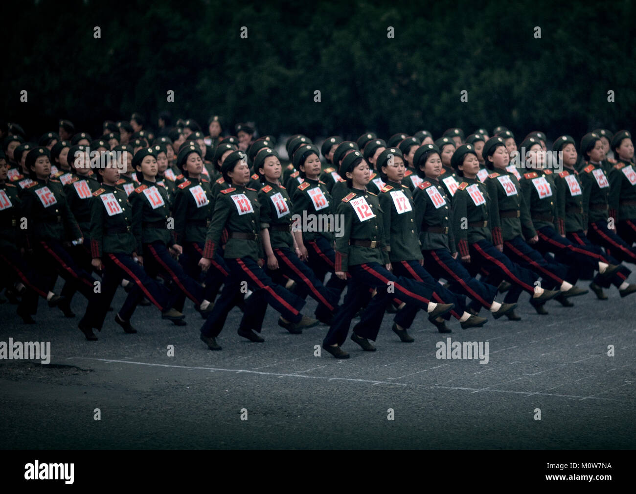 North Korean women military parade in the street, Pyongan Province ...