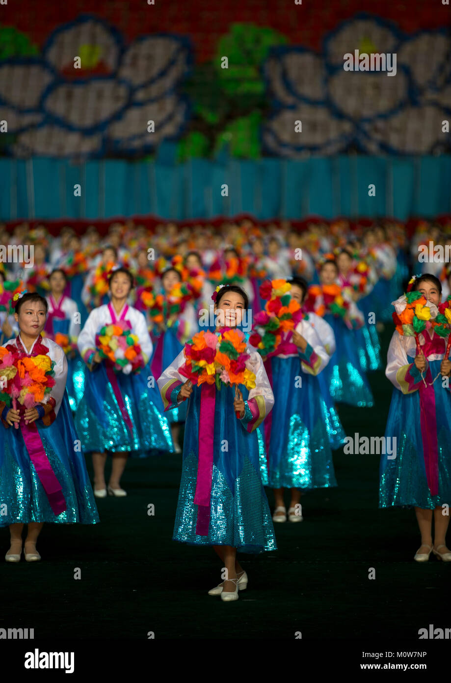 North Korean women dancing in choson-ot during the Arirang mass games ...