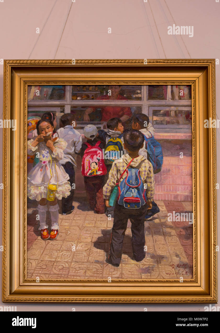 Painting in an art gallery depictig pupils with Mickey mouse bag ...