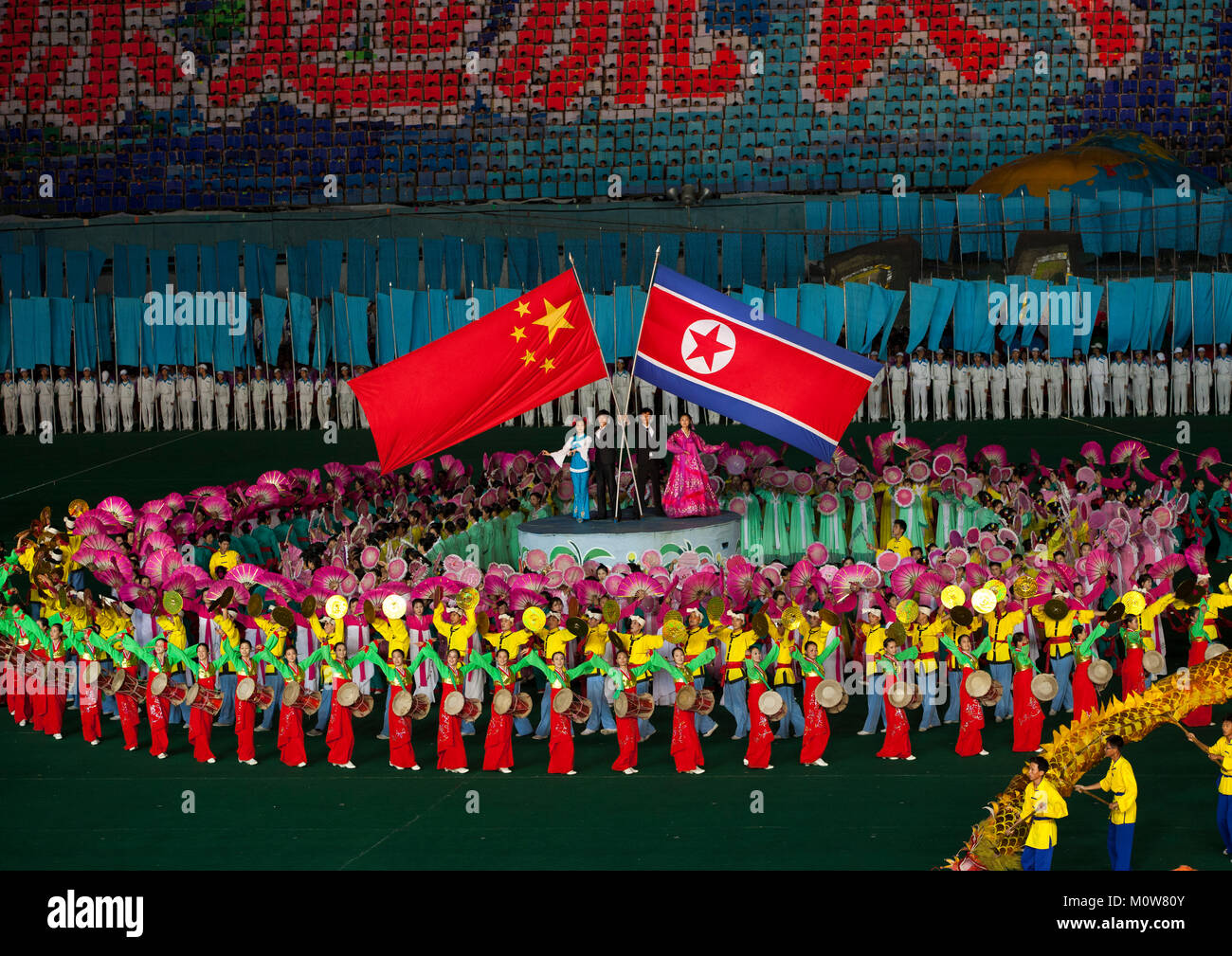 North Korean and chinese flags during the Arirang mass games in may day ...