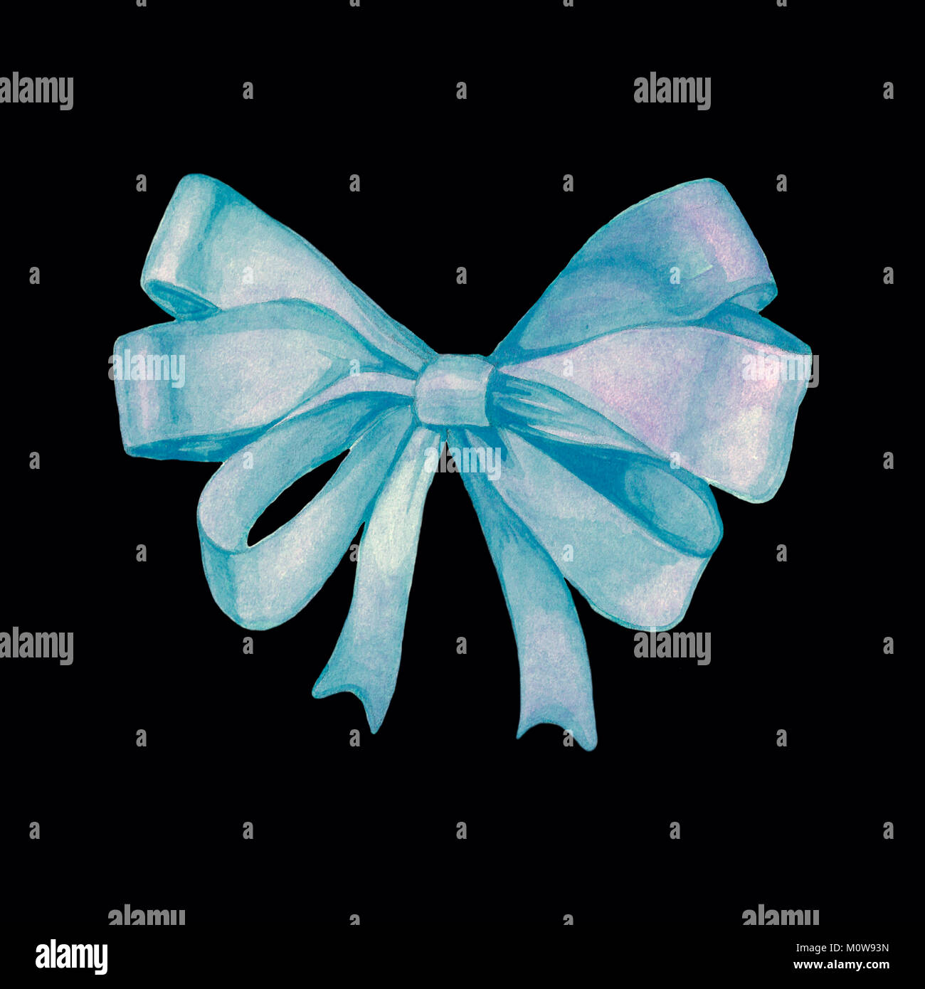 Watercolor image of a tied light blue ribbon bow on a black background ...