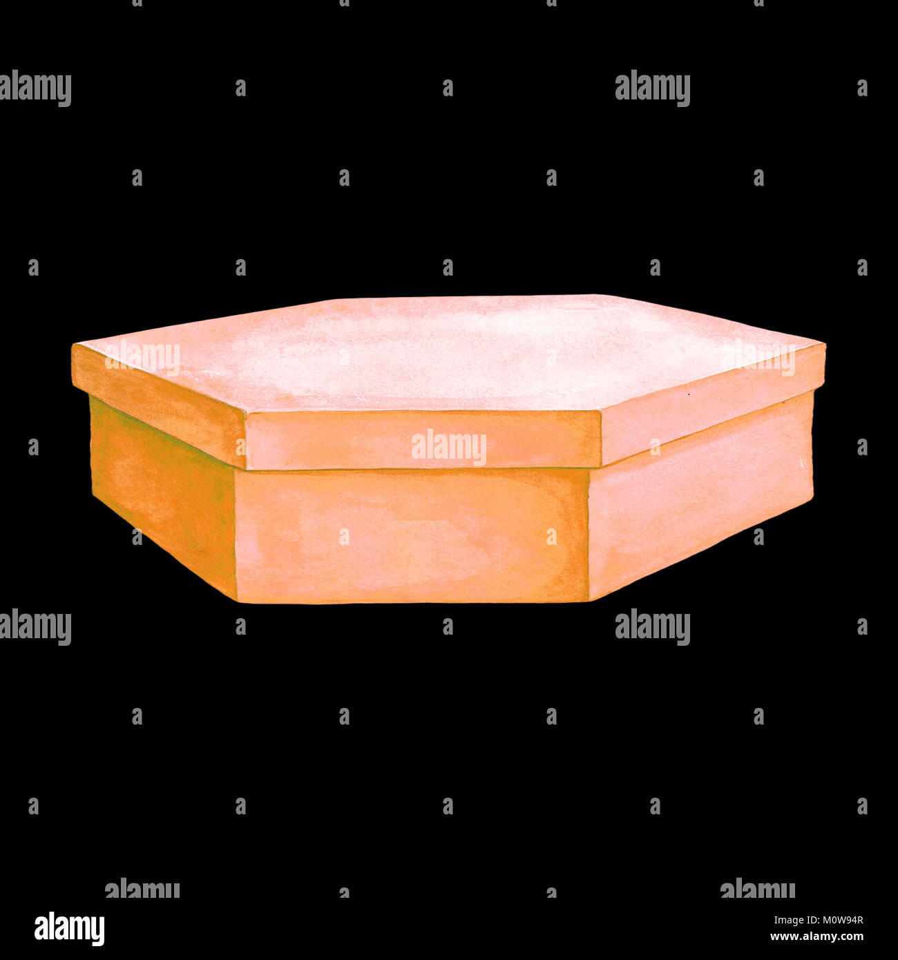 Watercolor illustration of an orange cardboard box with six facets ...